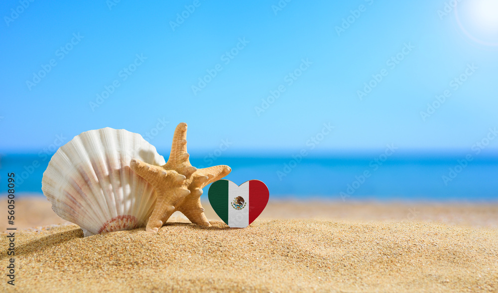 Beautiful beach in Mexico. Flag of Mexico in the shape of a heart and ...
