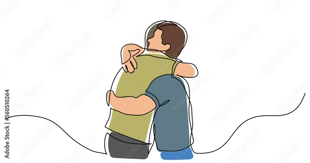 continuous line drawing of men friends hugging each other colored - PNG ...