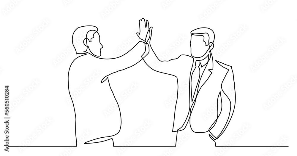 continuous line drawing of two cheerful professionals giving high five ...