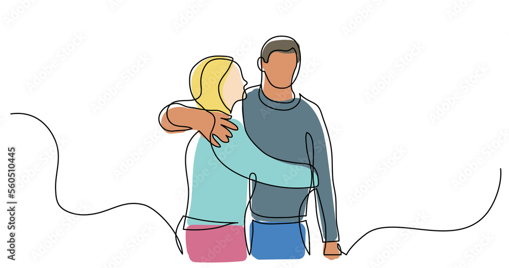 continuous line drawing of young couple of friends hugging each other ...