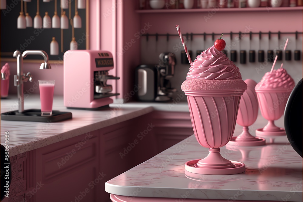 Vintage American ice cream parlour with pink stools at the bar. Pink ...
