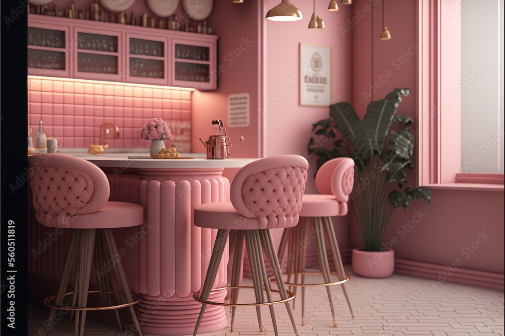 Vintage American ice cream parlour with pink stools at the bar. Pink ...