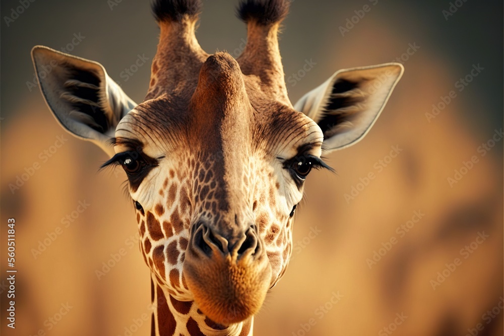 a close up of a giraffe's face with a blurry background of the giraffe ...