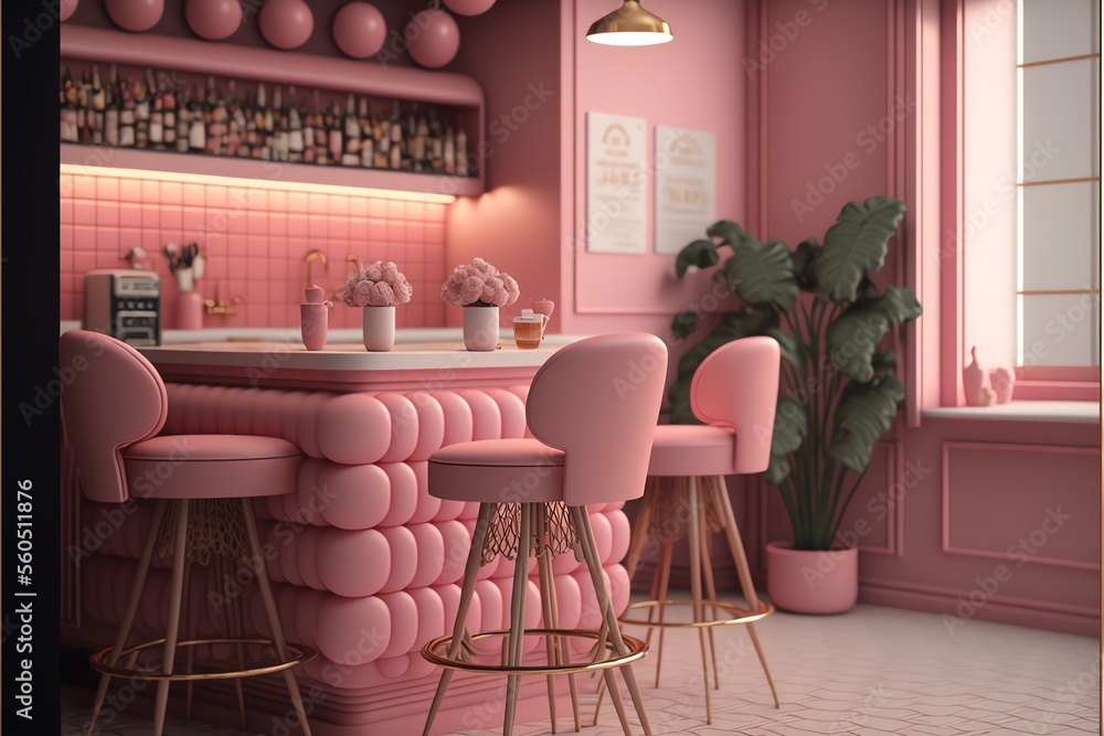 Vintage American ice cream parlour with pink stools at the bar. Pink ...