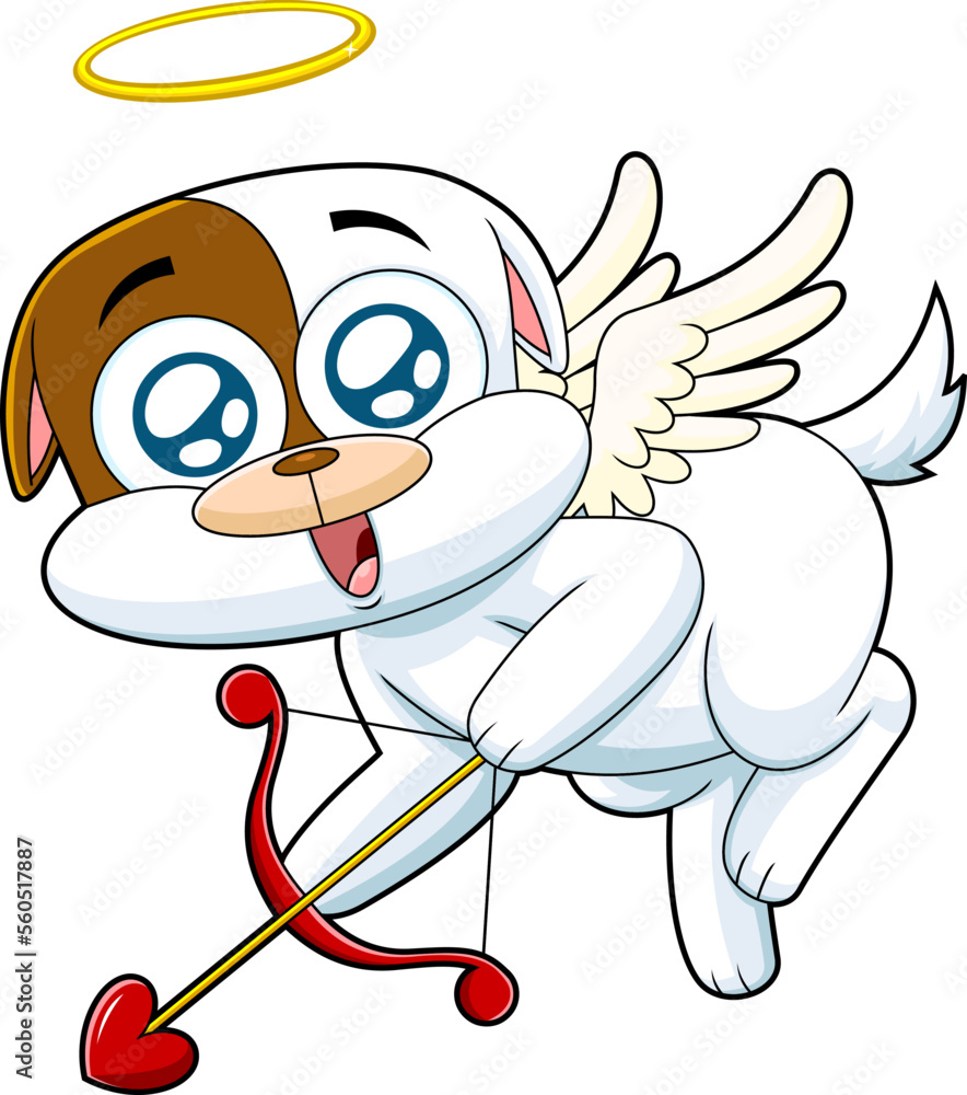 Cute Dog Cupid Cartoon Character With Bow And Arrow Flying. Vector Hand ...