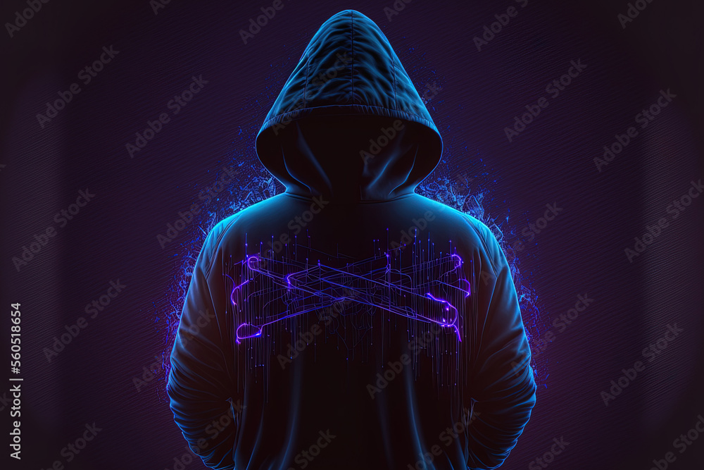 Back view of hacker in hoodie. Dangerous hooded hacker. Internet, cyber crime, cyber attack ...