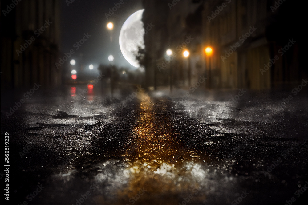 Ilustrace „Blurred night sky with puddle moonlight. Wet asphalt with ...