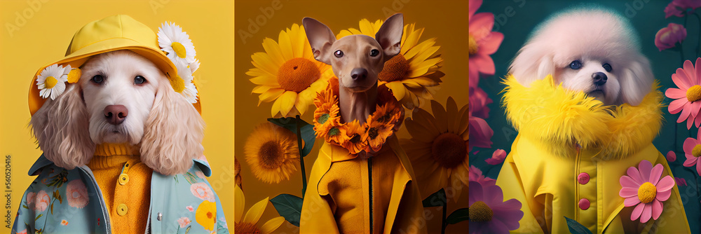 Cute dogs wearing in clothes. Background with flowers, collection Stock ...