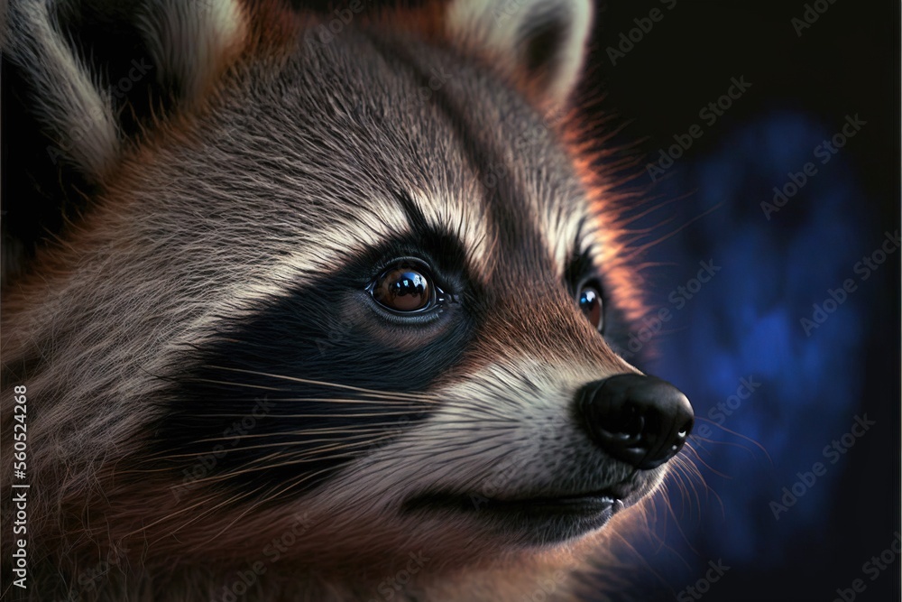 a raccoon with blue eyes looking at something in the distance with a ...