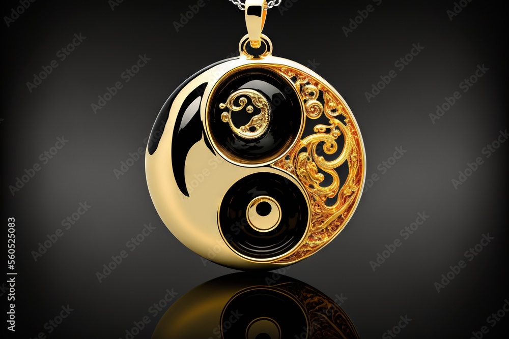 a gold and black yin yang pendant on a black background with a ...