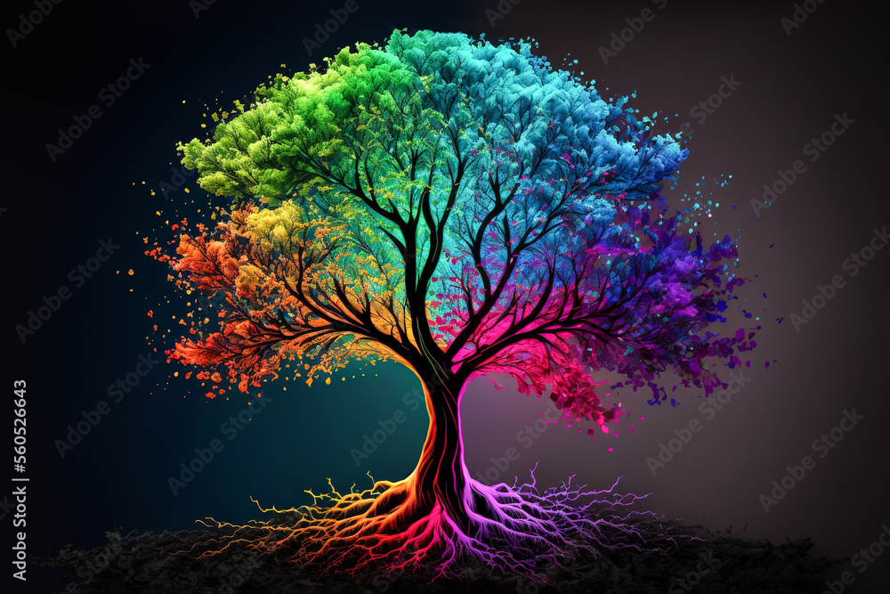 Rainbow tree isolated in front of black background. Generative AI ...