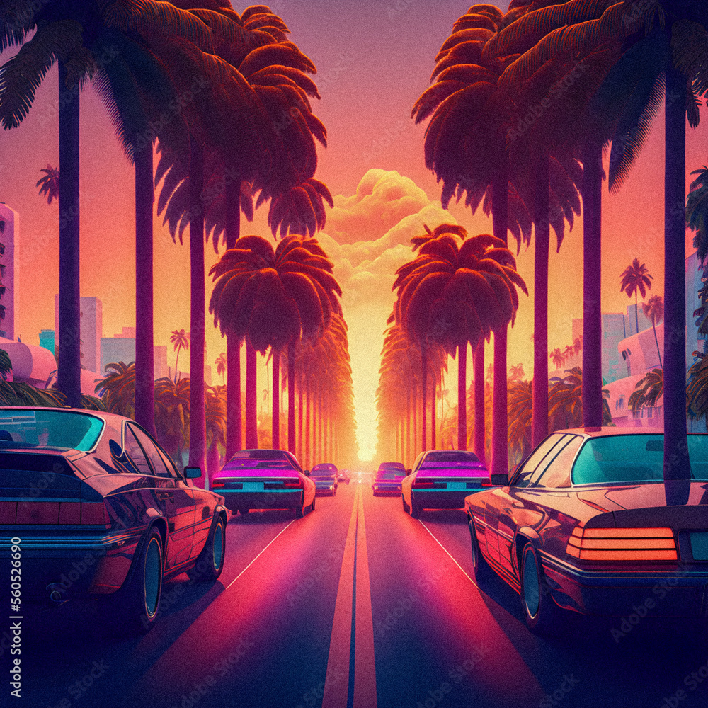 Car and Palm in 80s style, retro background, granular texture ...