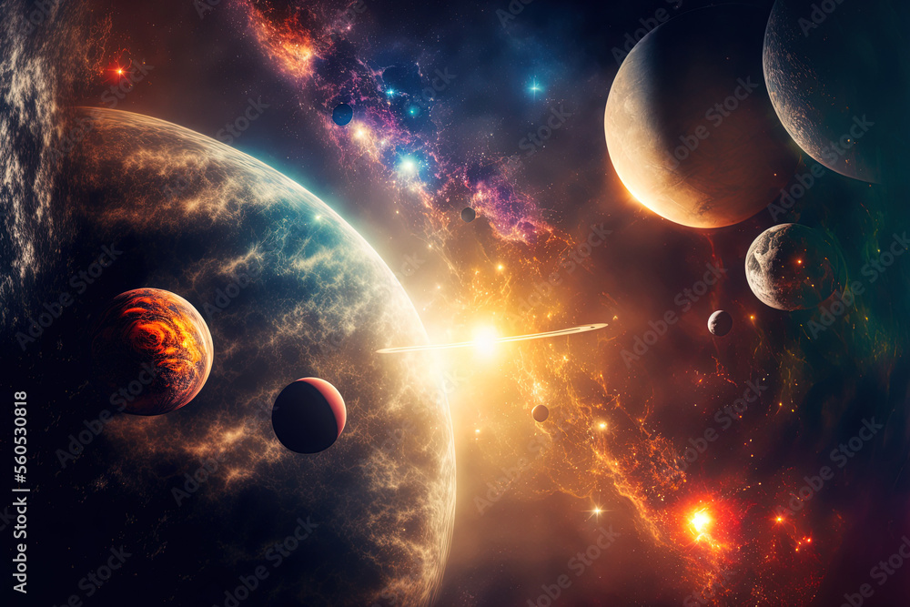 Sun, planets of the solar system and planet Earth, galaxies, stars ...