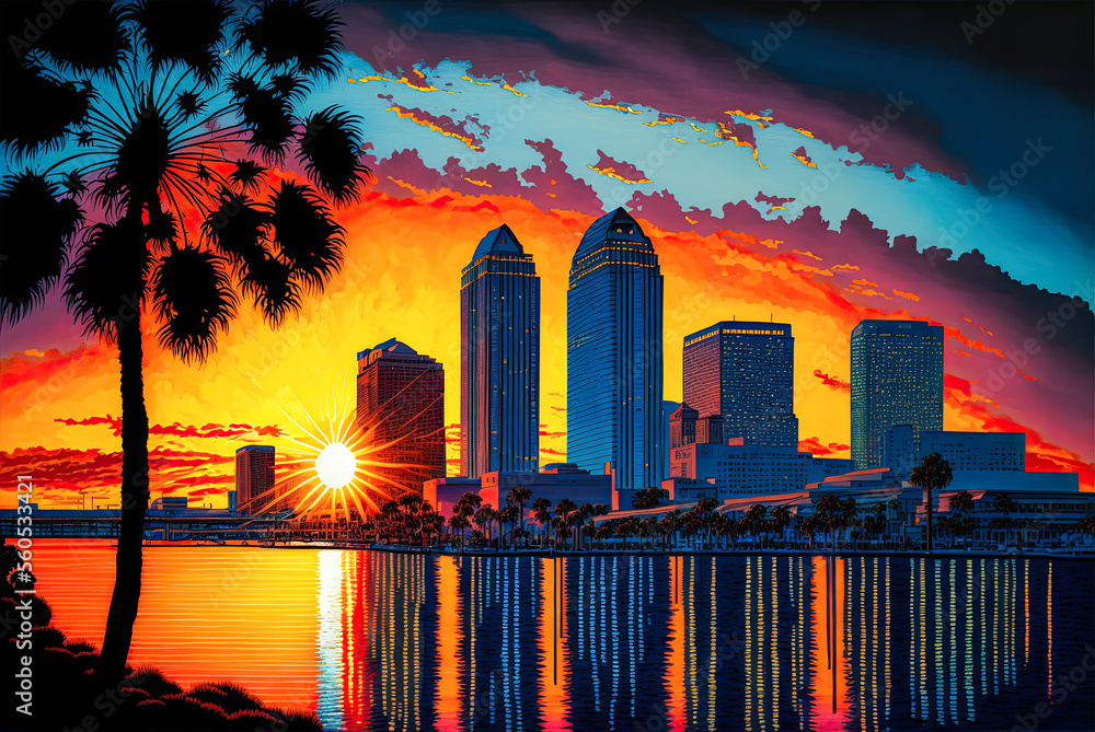 Tampa Florida cityscape, skyline, palm trees, reflection. Generative AI ...