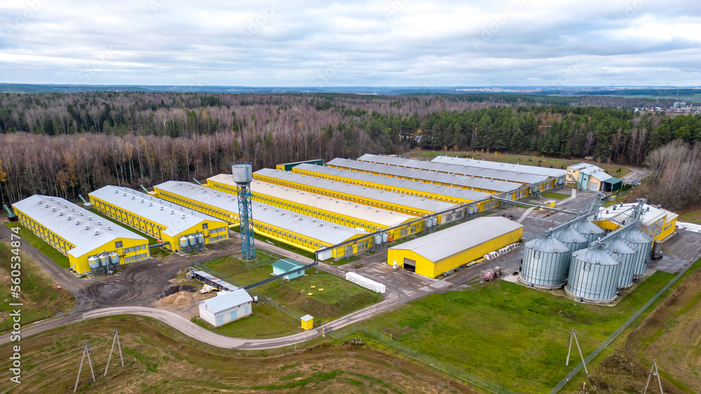 Modern agro-industrial complex top view. Flying a drone over a large ...