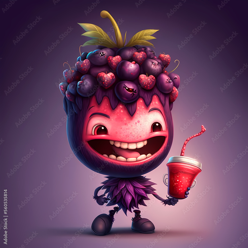 a drawing of an anthropomorphic acai smoothie, happy, smiling, cute ...
