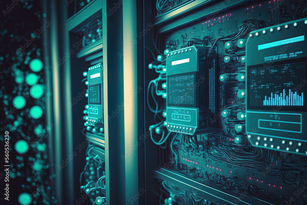 Interior of server computer data room with blurry bokeh. Cabinets for ...