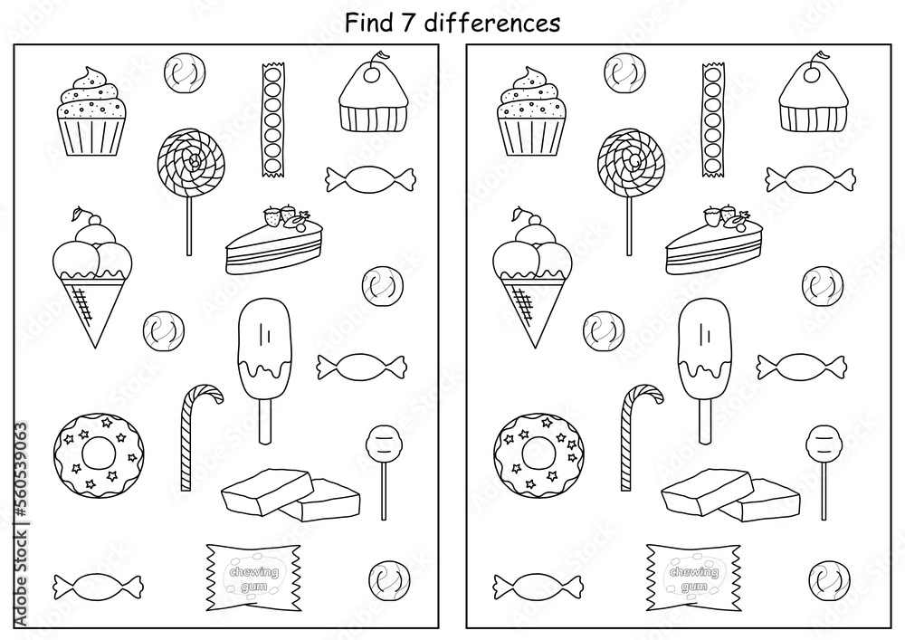Candy coloring page - Find 7 differences Stock Illustration | Adobe Stock