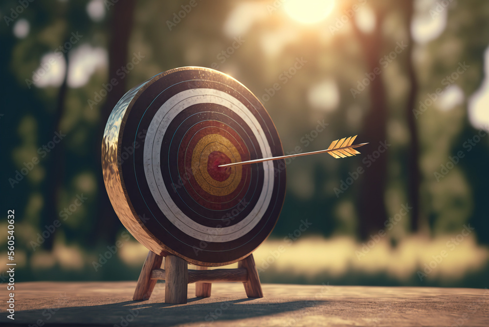 Target board with arrow on forest background - 3D illustration. Hitting ...