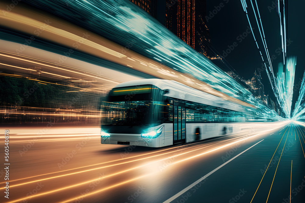 Motion blur and digital data flow on the road give the impression of ...