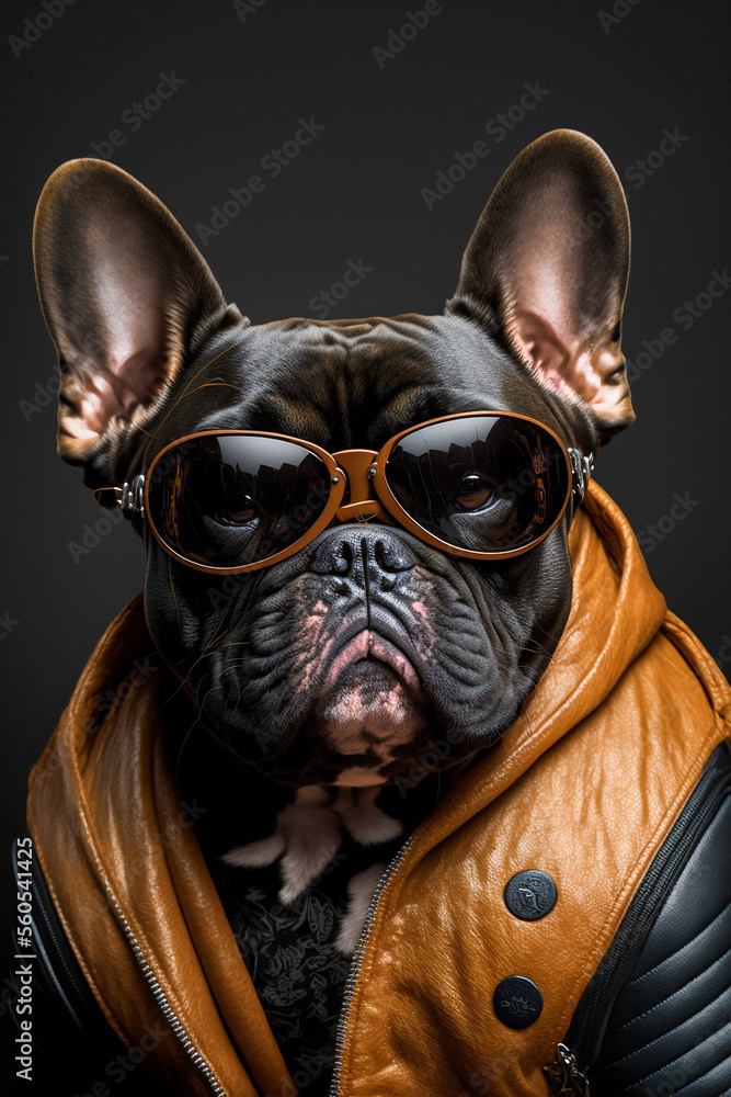 Ein cooler Hund mit Lederjacke und Sonnenbrille zeigt Attitude und ...