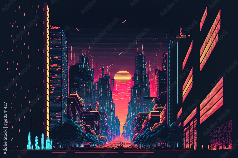 nighttime in a cyberpunk neon city. Scene of a futuristic city in pixel ...