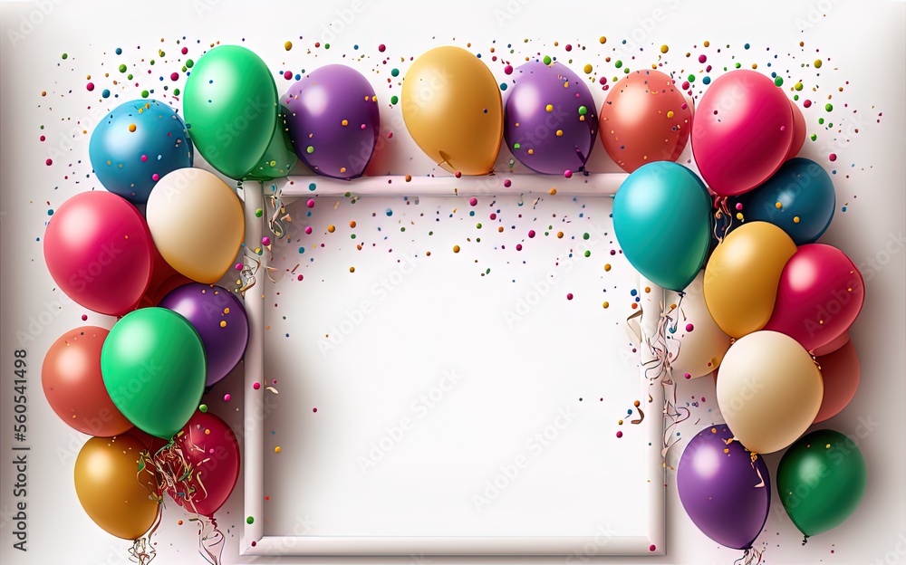 Border of confetti and party decorations in bright colors around a ...