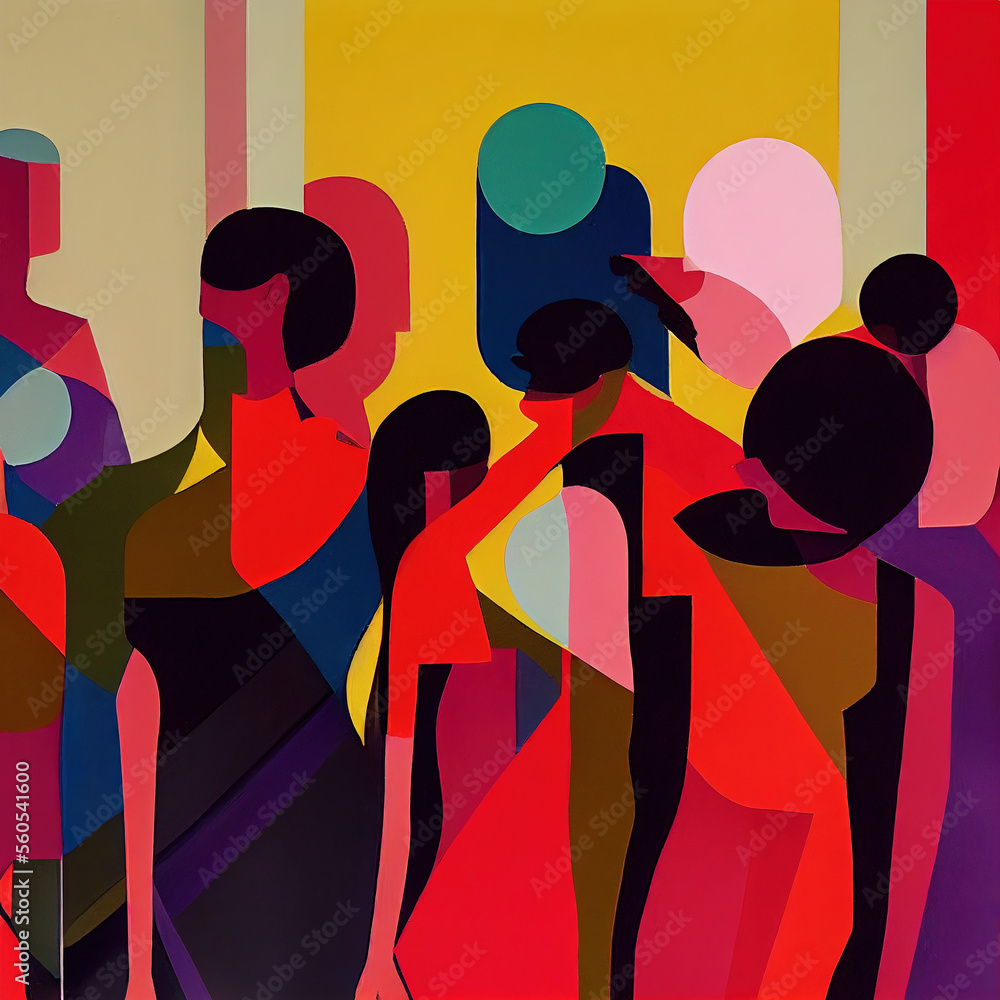 Modern people at a party. Figures / people painted using simple shapes ...