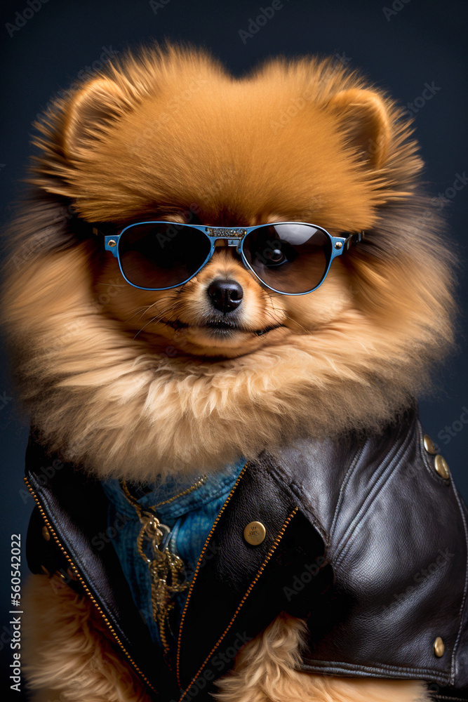 Ein cooler Hund mit Lederjacke und Sonnenbrille zeigt Attitude und ...