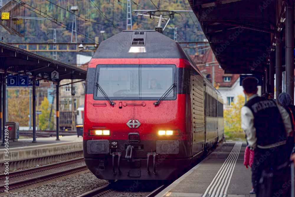 SBB train arriving at railway staton of Swiss City of Baden with ...