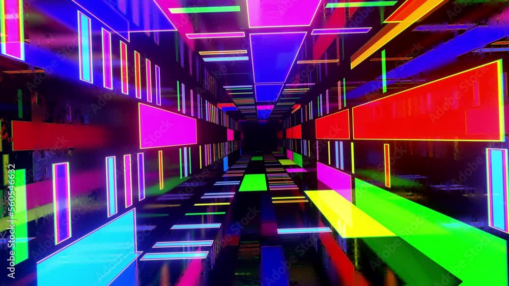 move through mirror tunnel with neon pattern, glow structure form sci ...