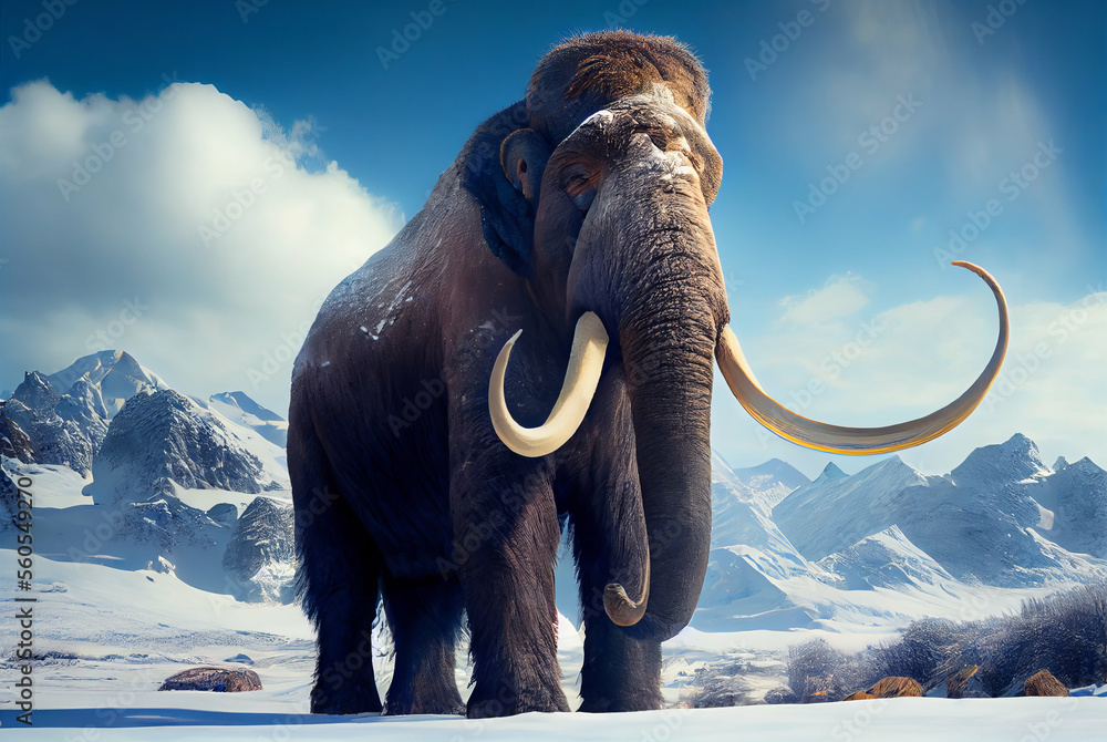 Generative AI Illustration of a furry old mammoth in snow with mountain ...