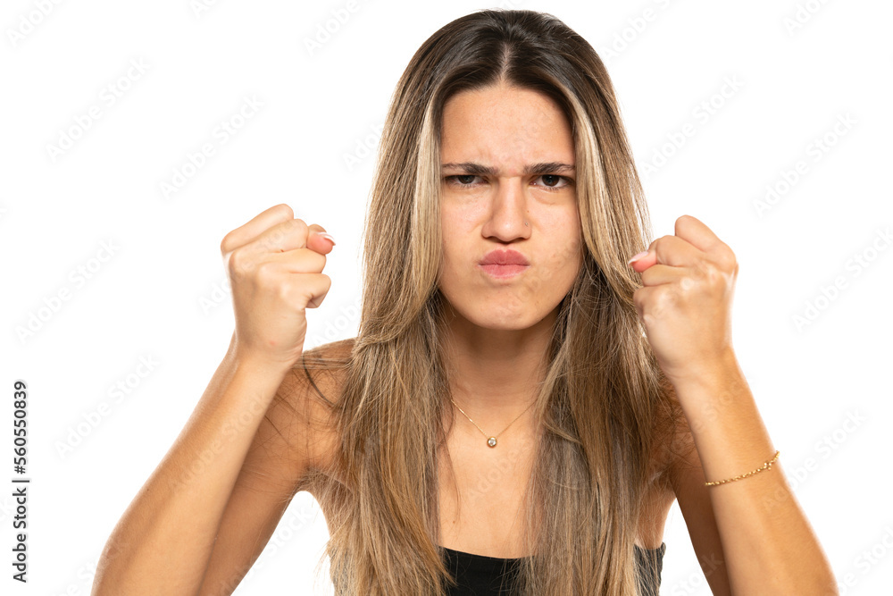 beautiful young angry women with long balayage painted hair and no ...