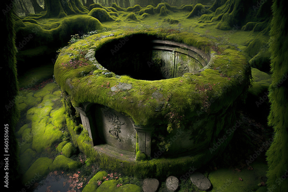 ancient, moss covered deep well. Generative AI Stock Illustration ...