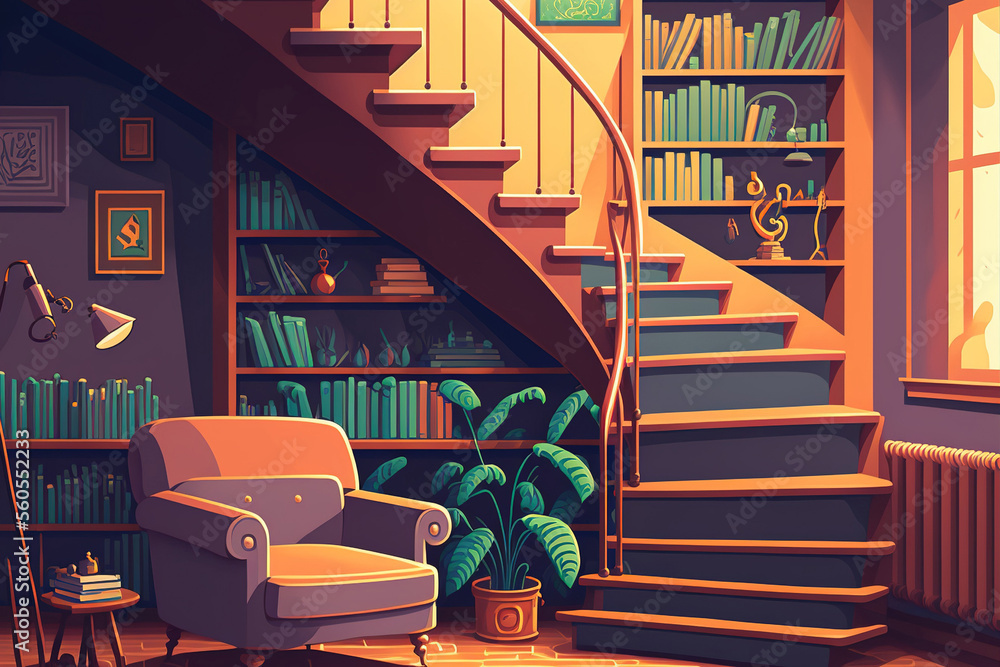 A contemporary interior house library is depicted. Interior in a ...