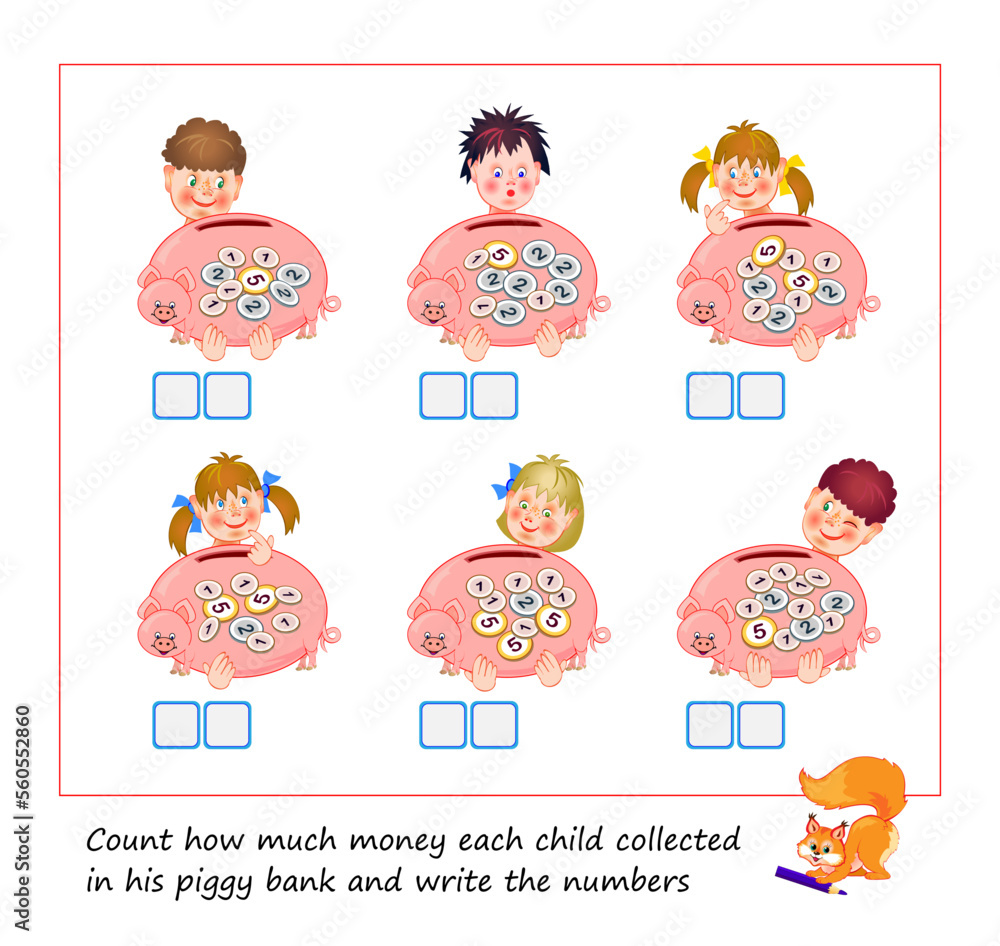 Vetor de Count how much money each child collected in his piggy bank ...