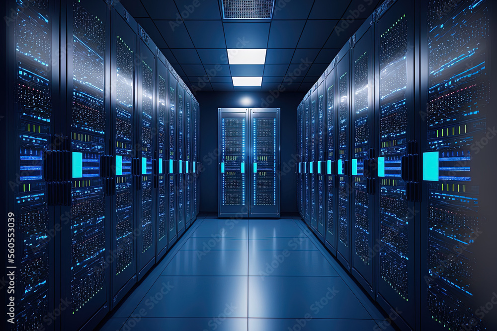 Dark blue server racks at the data center's server room for network ...