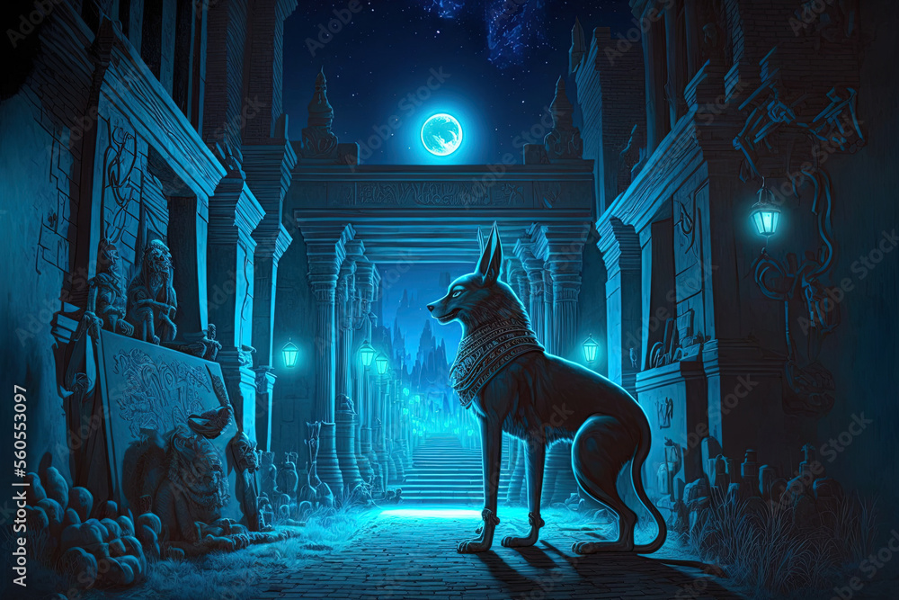 Nighttime magic scenario. The ancient cobblestone road's background ...