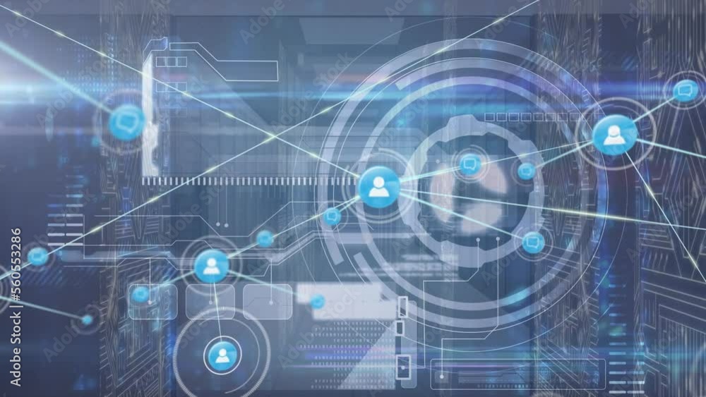 Animation of network of connections with icons over server room and ...
