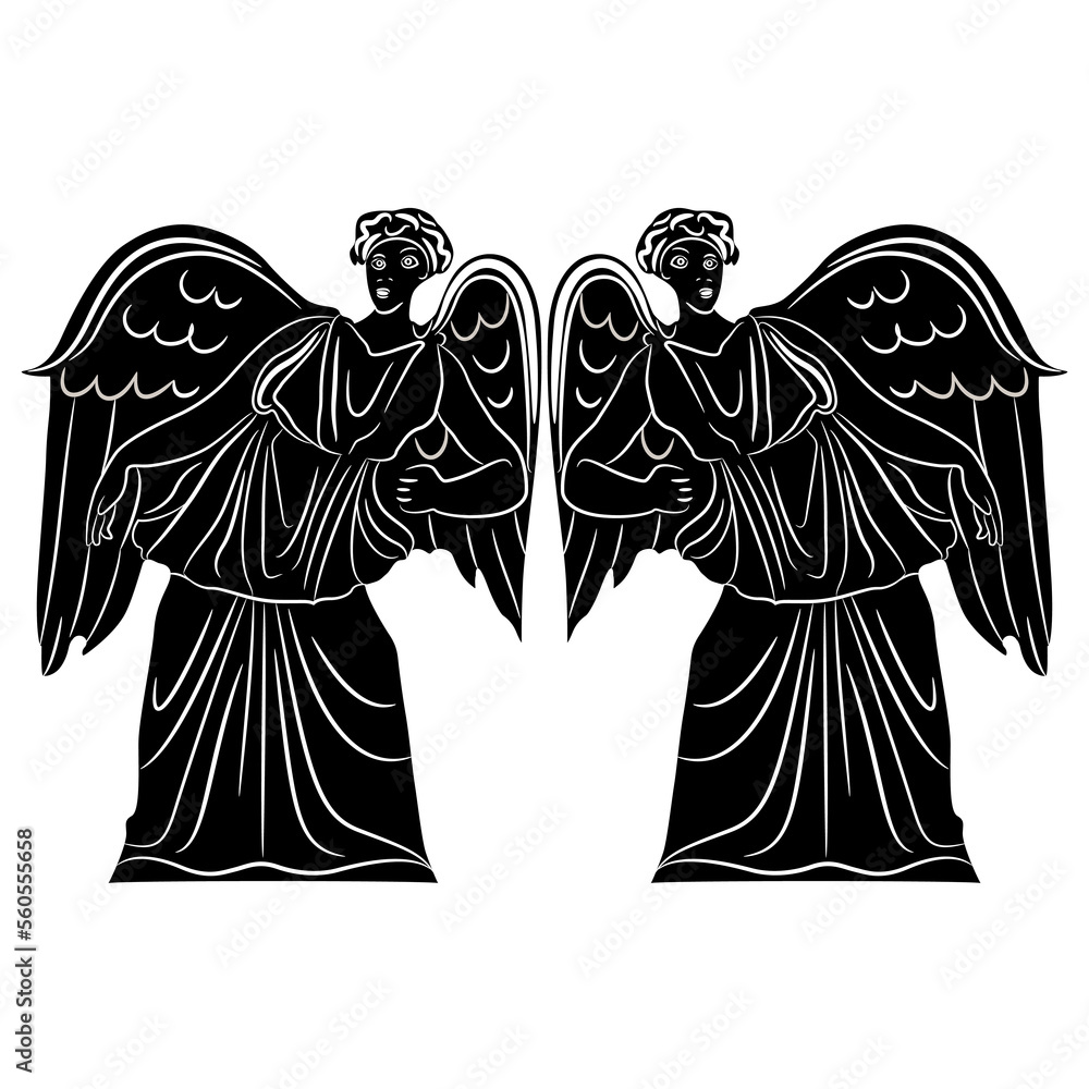 Symmetrical design with two standing ancient Greek angels or winged ...
