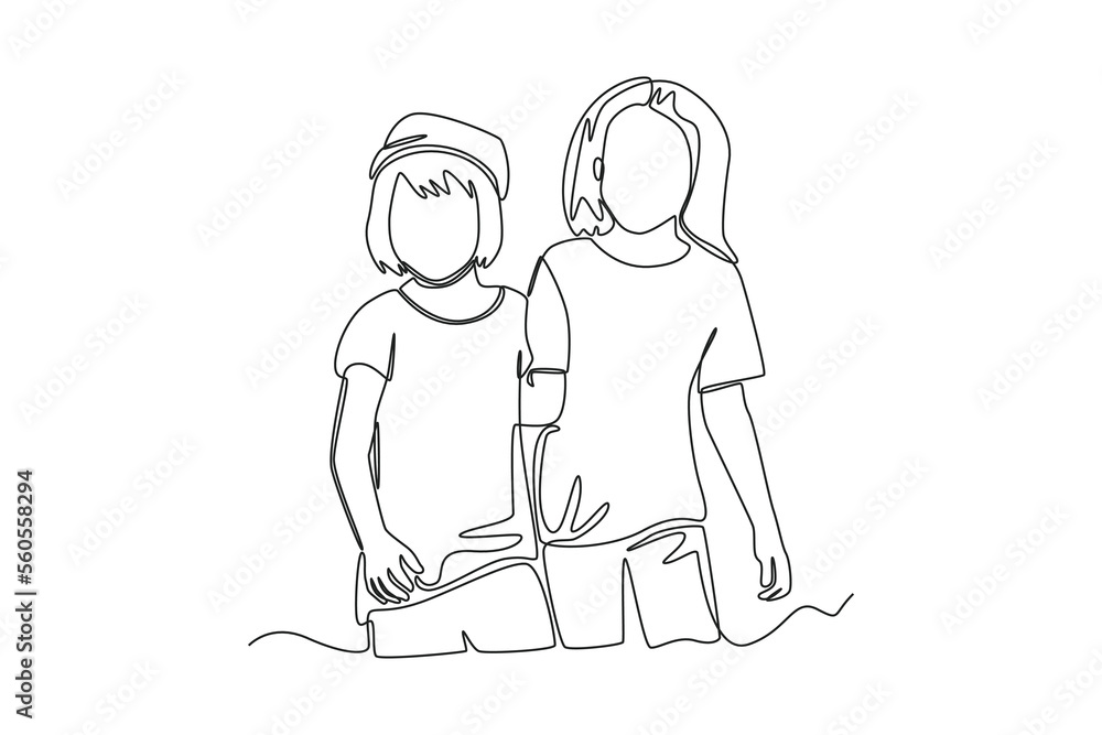 Continuous one line drawing Cute little kids are standing and playing ...