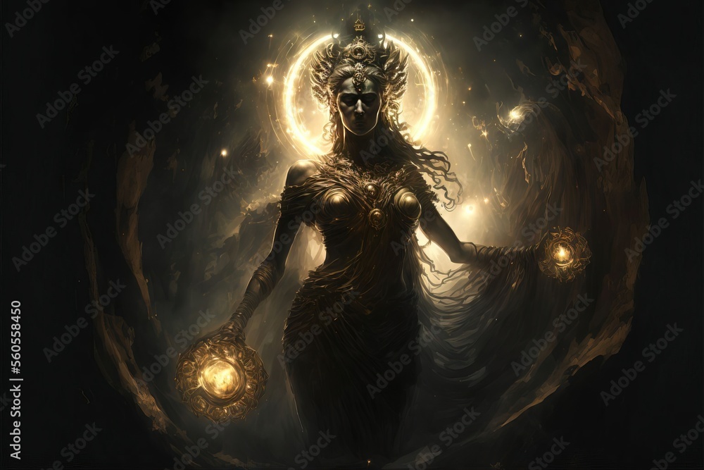 4K resolution or higher, the primordial darkness embodying a greek goddess with gods lights ...