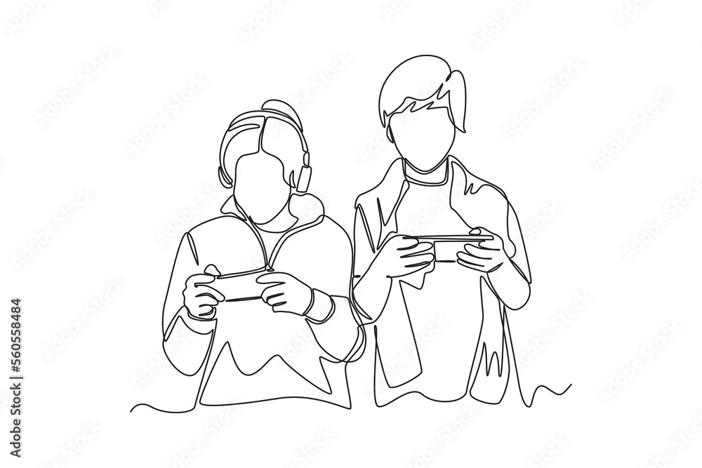 Continuous one line drawing Two little boys using smartphones to play ...