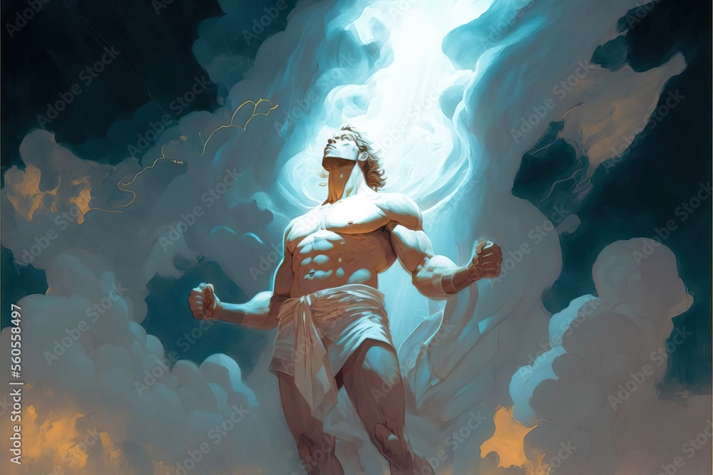 4K resolution or higher, the greek god descends from the clouds in ...