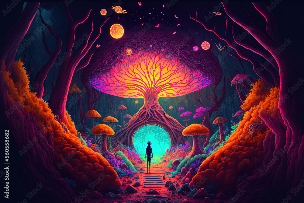 Psychedelic, fantastical scenery. Illustration of a spiritual trip in ...