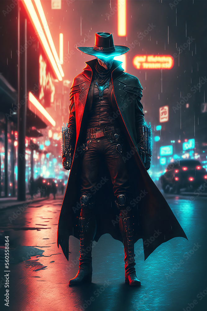 ภาพประกอบสต็อก A futuristic cyberpunk cowboy standing in night city ...