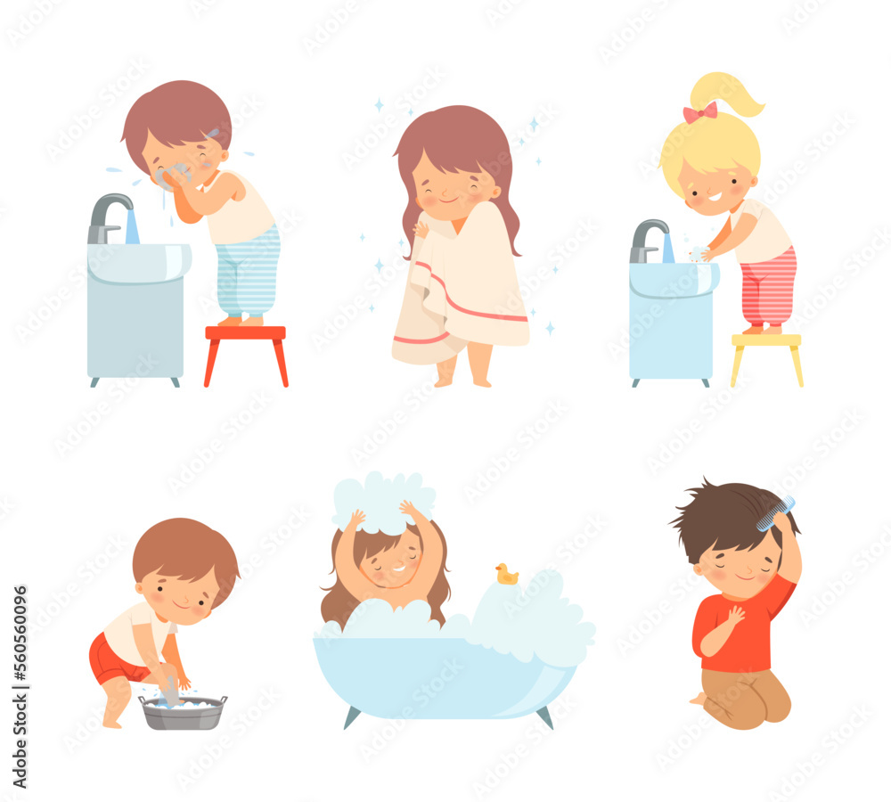 Child morning bathroom routine. Cute kids taking bath, combing hair ...