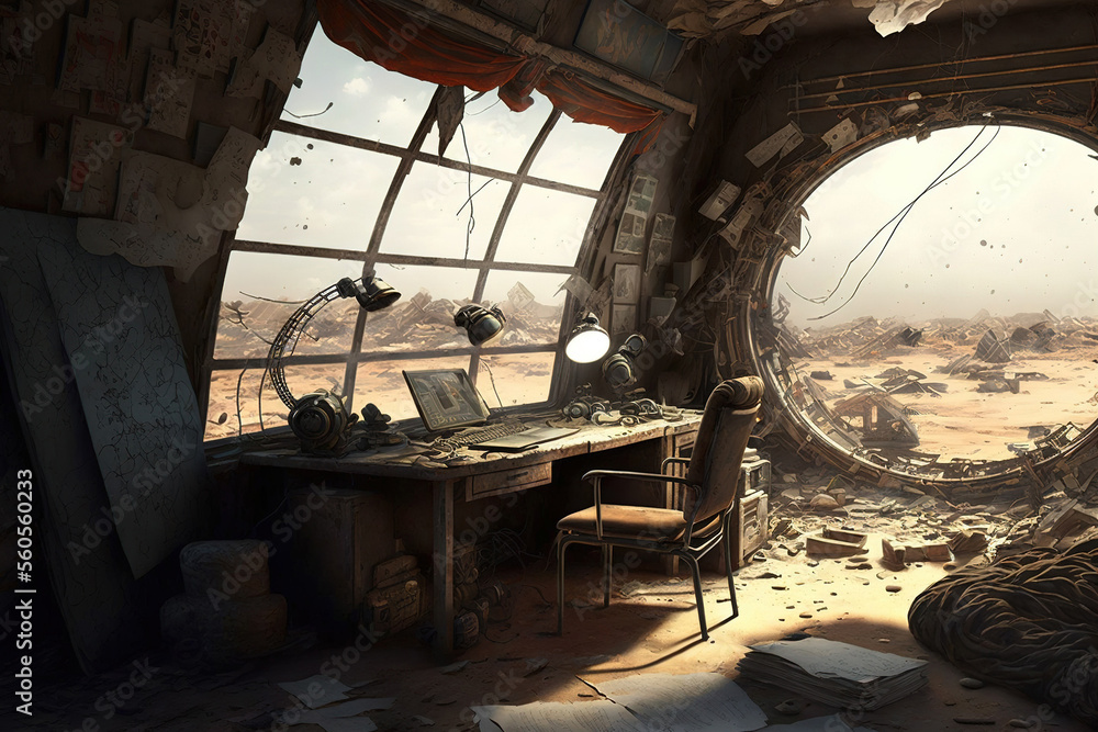Interior of a destroyed military outpost. the military unit's command ...