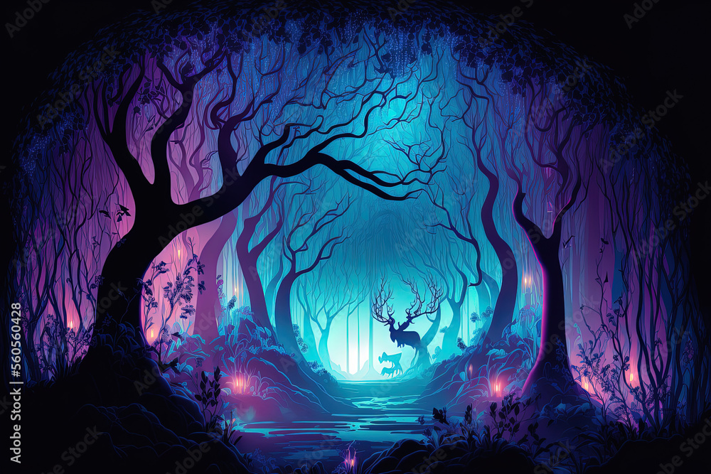 Magical fantasy forest at night. Neon signs, a wooded setting, and ...