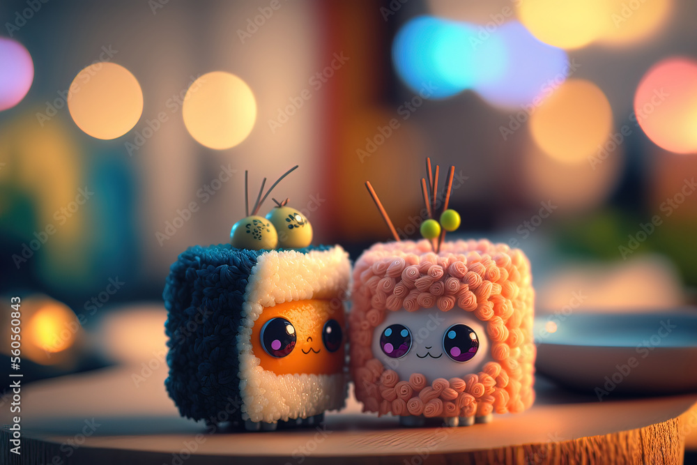 Cute image of the sushi sashimi rolls characters full of love and ...